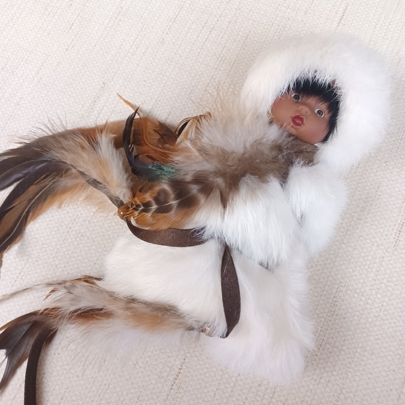 Vintage | Toys | Inuit Vintage Doll Real Feather And Leather Handmade ...